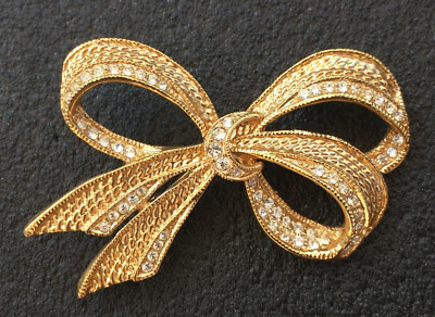 Vintage Roman Pin Brooch Pave Crystal Rhinestone Gold Tone Bow Signed ...