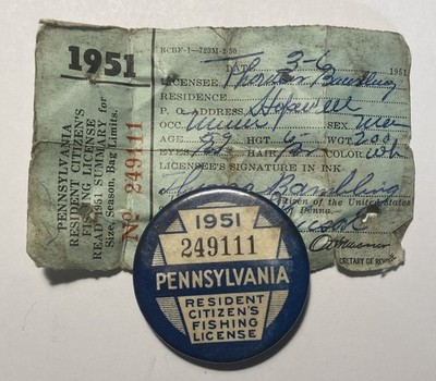 Original Vintage 1951 Pennsylvania PA Resident Fishing License Button ...