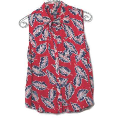 Chaps Women Red White Blue Leaf Print Collar Button Pockets Sleeveless ...