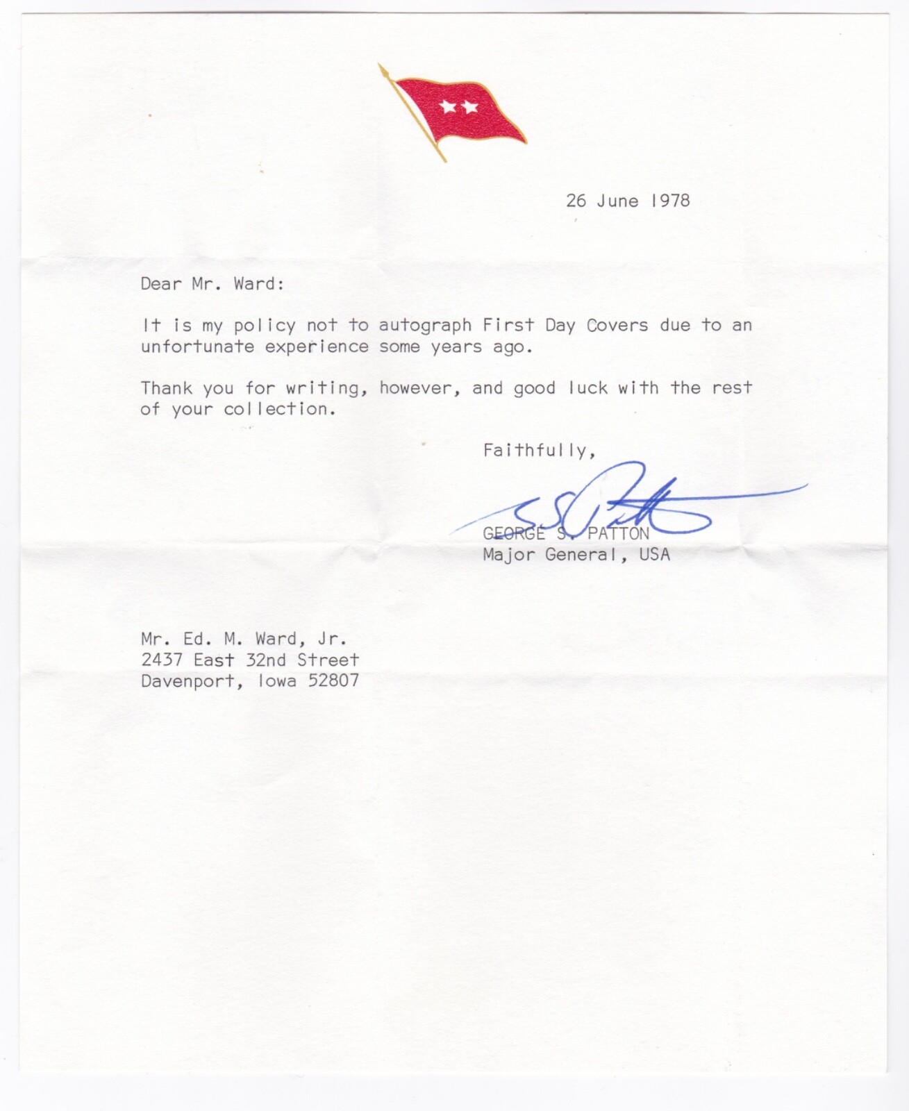 Major General George S. Patton Signed Letter (1978) | eBay