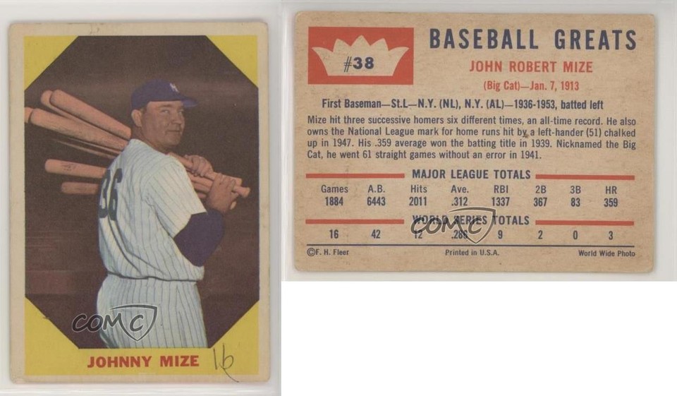 1960 Fleer Baseball Greats Johnny Mize #38 HOF tv5 | eBay