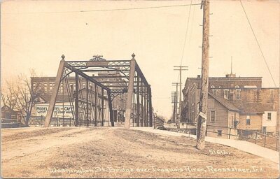 Rensselaer Indiana RPPC Washington Street Bridge & Street Scene early ...