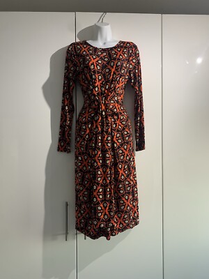 Onjenu Ingenue London Red Pattern Stretchy Dress 14 Midi Long Sleeve ...
