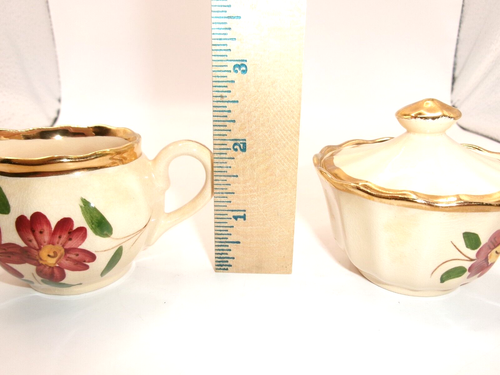 Wade Creamer & Sugar Jar with Lid Hand Painted Flowers Red Beige Green ...