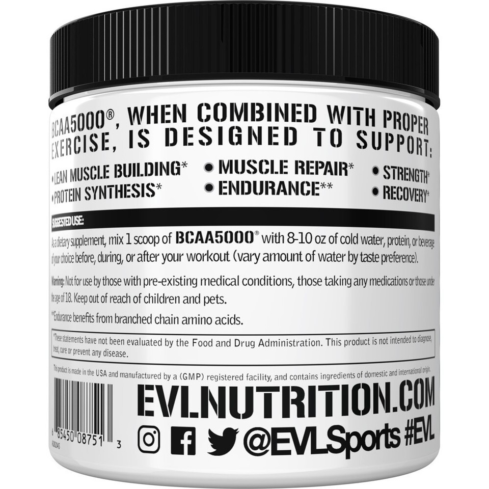 EVL BCAA5000 Unflavored - 5g Amino Acids PreWorkout Powder For Recovery ...