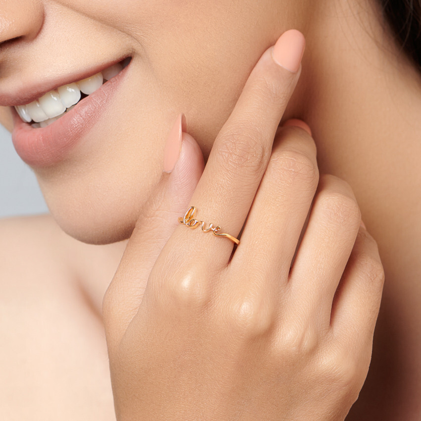 Beautiful Cursive Love Design In Solid 10K Yellow Gold Promise Band ...