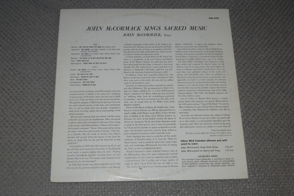 John McCormack Sings Sacred Music~Christian Gospel~RCA CAL 635~FAST ...