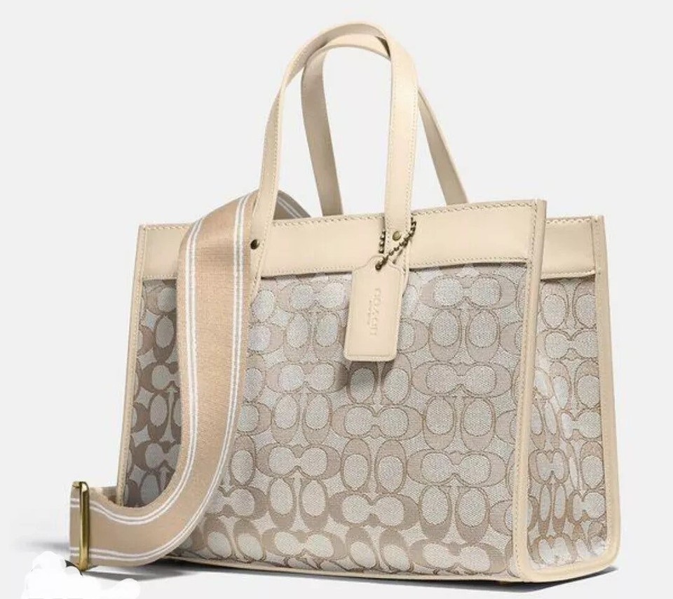NEW Coach Field 30 Signature Jacquard Leather Trim Tote Bag Stone Ivory ...