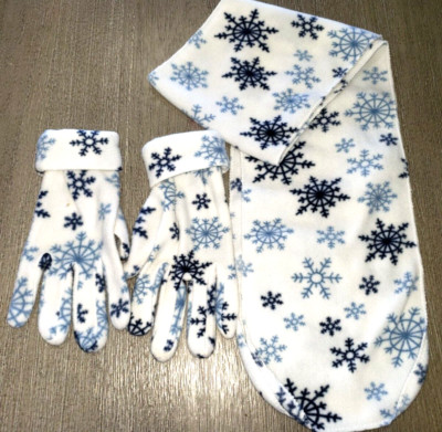 women FLEECE SNOWFLAKE SCARF GLOVES one size fits most BLUE WHITE SOFT ...