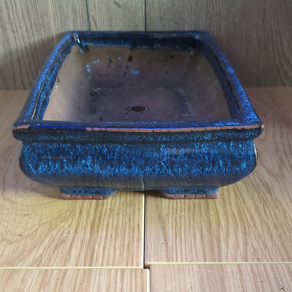 Glazed Bonsai Pot | Rectangular| 28cm x 18cm x 7.5cm | Blue, with drip ...