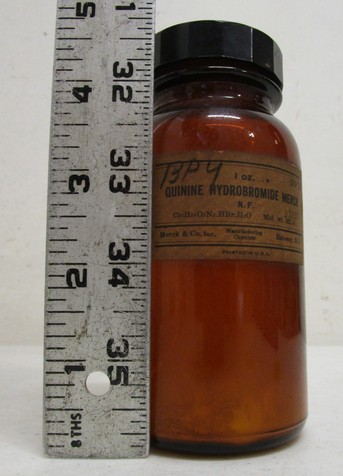 VINTAGE QUININE HYDROBROMIDE MERCK AMBER GLASS BOTTLE DRUG STORE | eBay