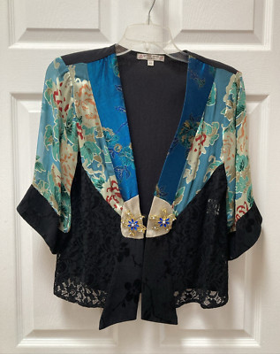 Spencer Alexis BLUE Floral Kimono Topper Sheer Jacket PETITE SMALL | eBay