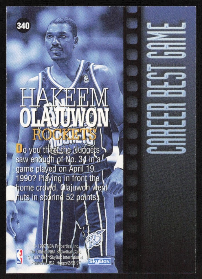 1996-97 NBA Hoops Basketball Card Career Best Game Hakeem Olajuwon #340 ...