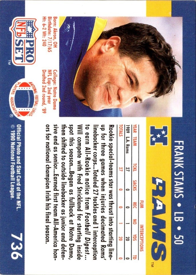 1990 Pro Set Frank Stams #736 Los Angeles Rams Football Card | eBay