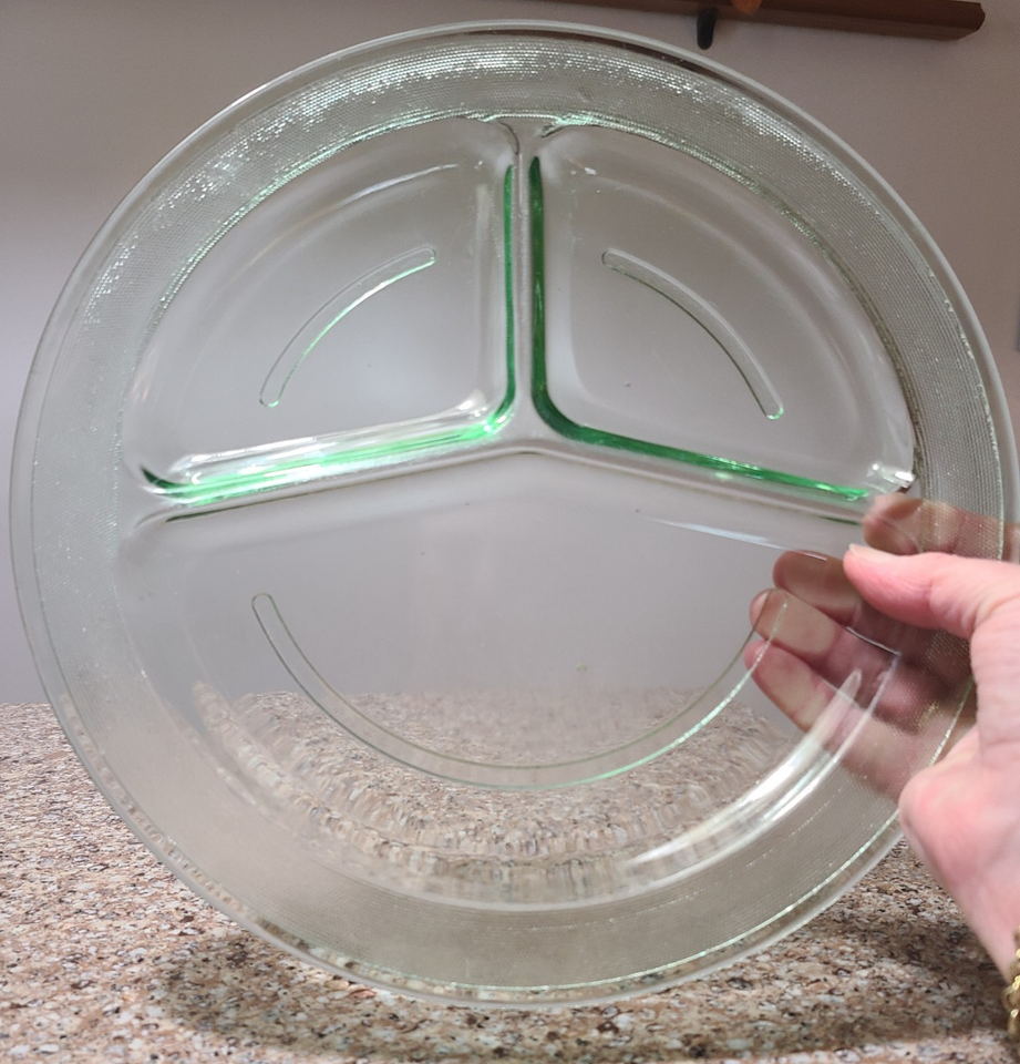 Seven 11" Depression Glass Divided Plates, 4 Uranium Green & 3 Pink ...