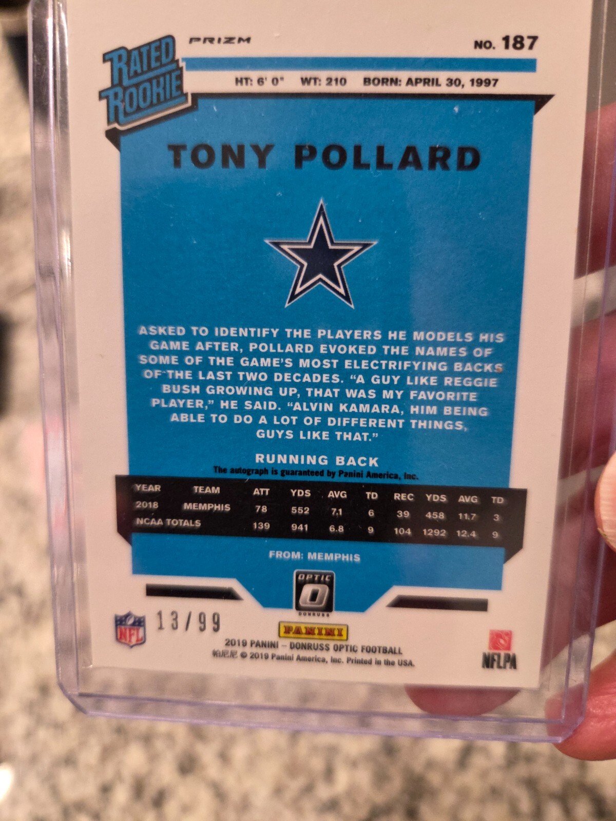 2019 Panini Donruss Optic - Rated Rookie Tony Pollard #187 Holo Prizm ...