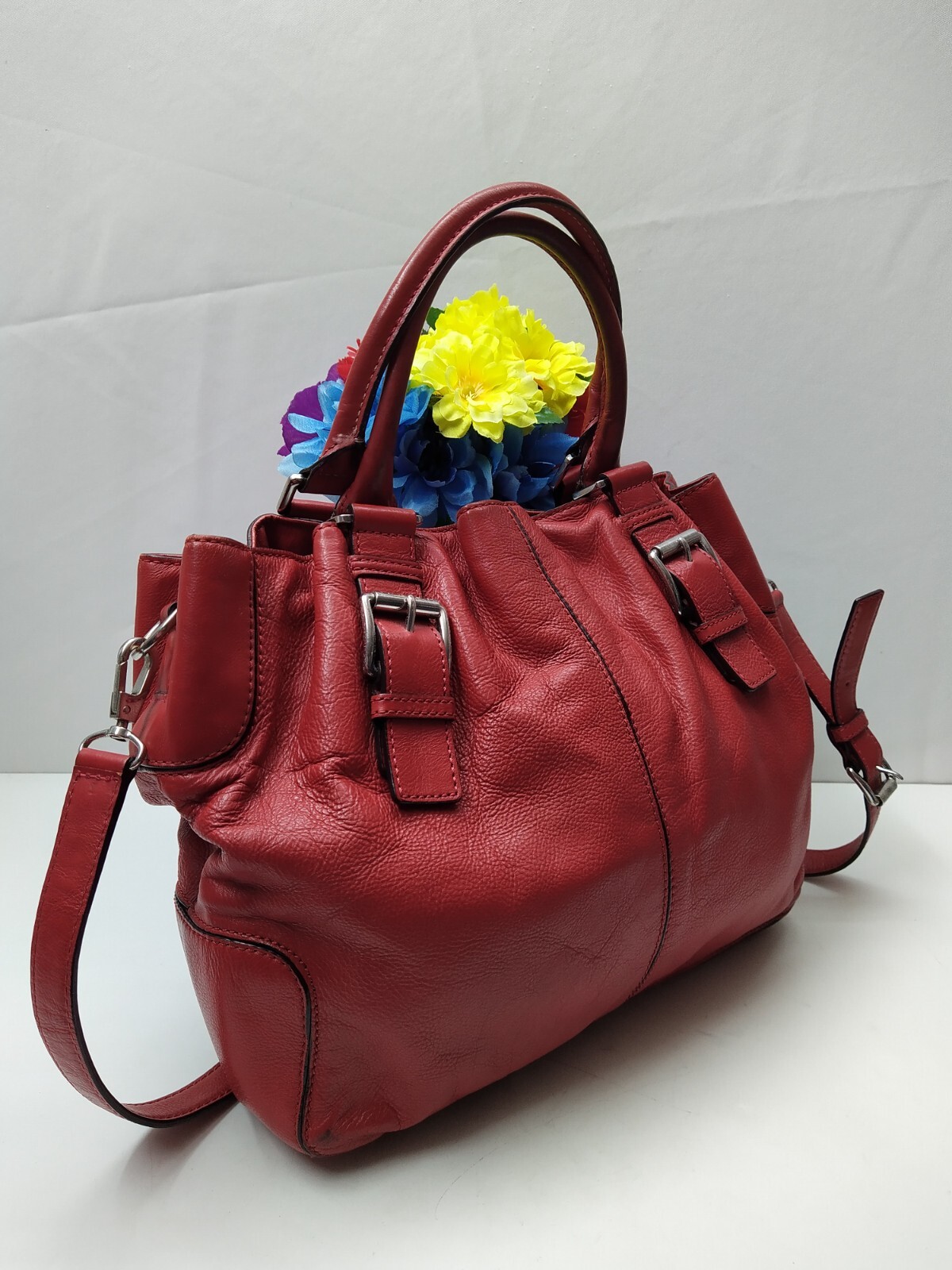 Michael Kors Brookville Red Leather Drawstring Double Handle Satchel ...