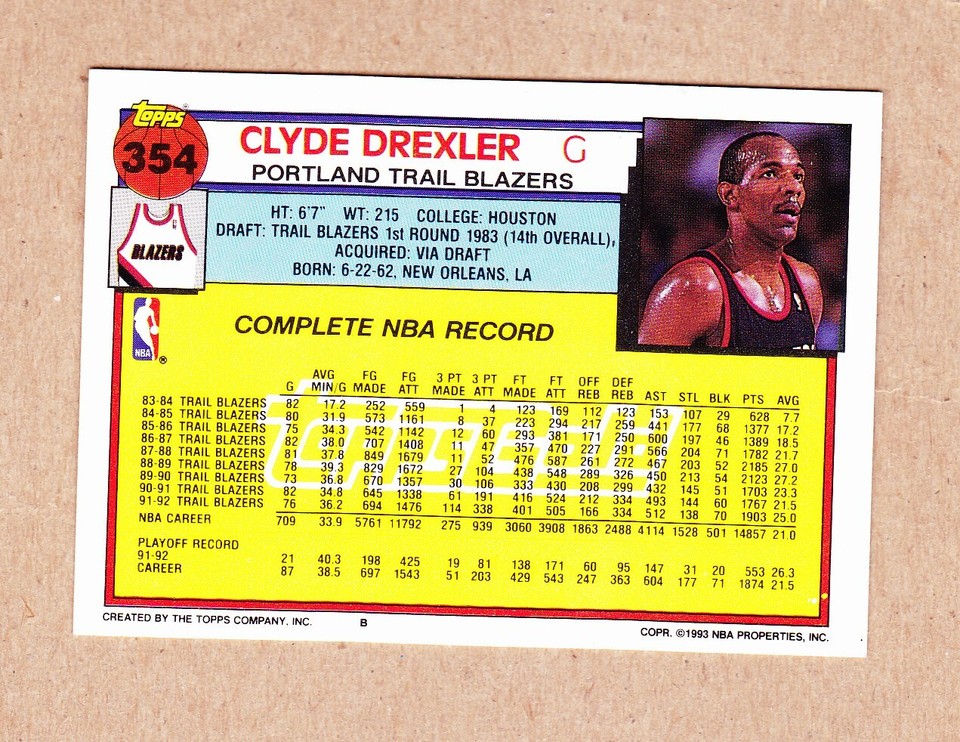Clyde Drexler 1992-93 Topps Gold card #354 Portland Trail Blazers | eBay