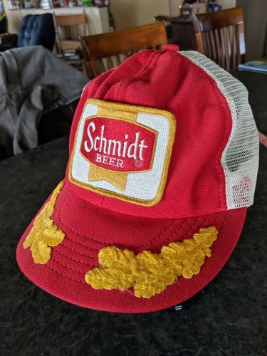 Red VINTAGE SCHMIDT BEER SNAPBACK HAT Cap patch 1970s Gold Leaf Party ...