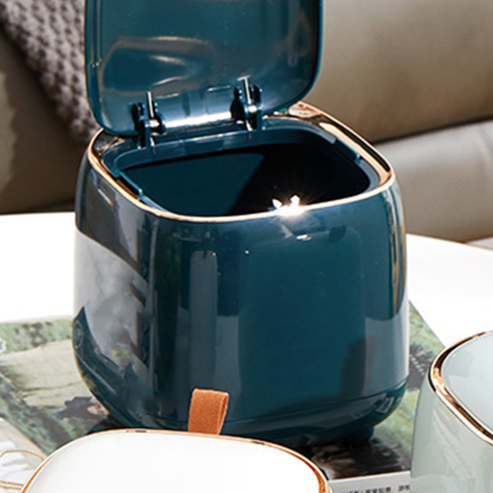 (Dark Green)Desk Waste Bin Button Table Waste Bin Double Layer ...