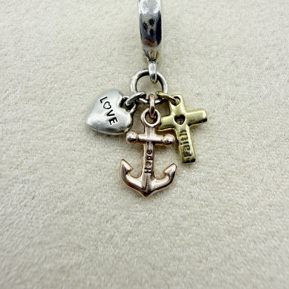 Pandora Triple Tone Cross Heart Anchor CZ Dangle Charm Bead Sterling ...