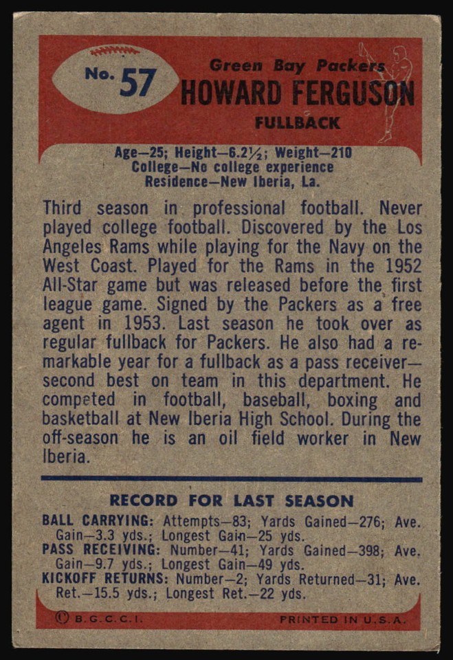 1955 Bowman Howard Ferguson #57 Green Bay Packers | eBay