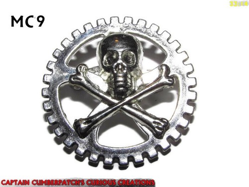 steampunk pin badge brooch silver skull crossbones pirate on gearwheel ...