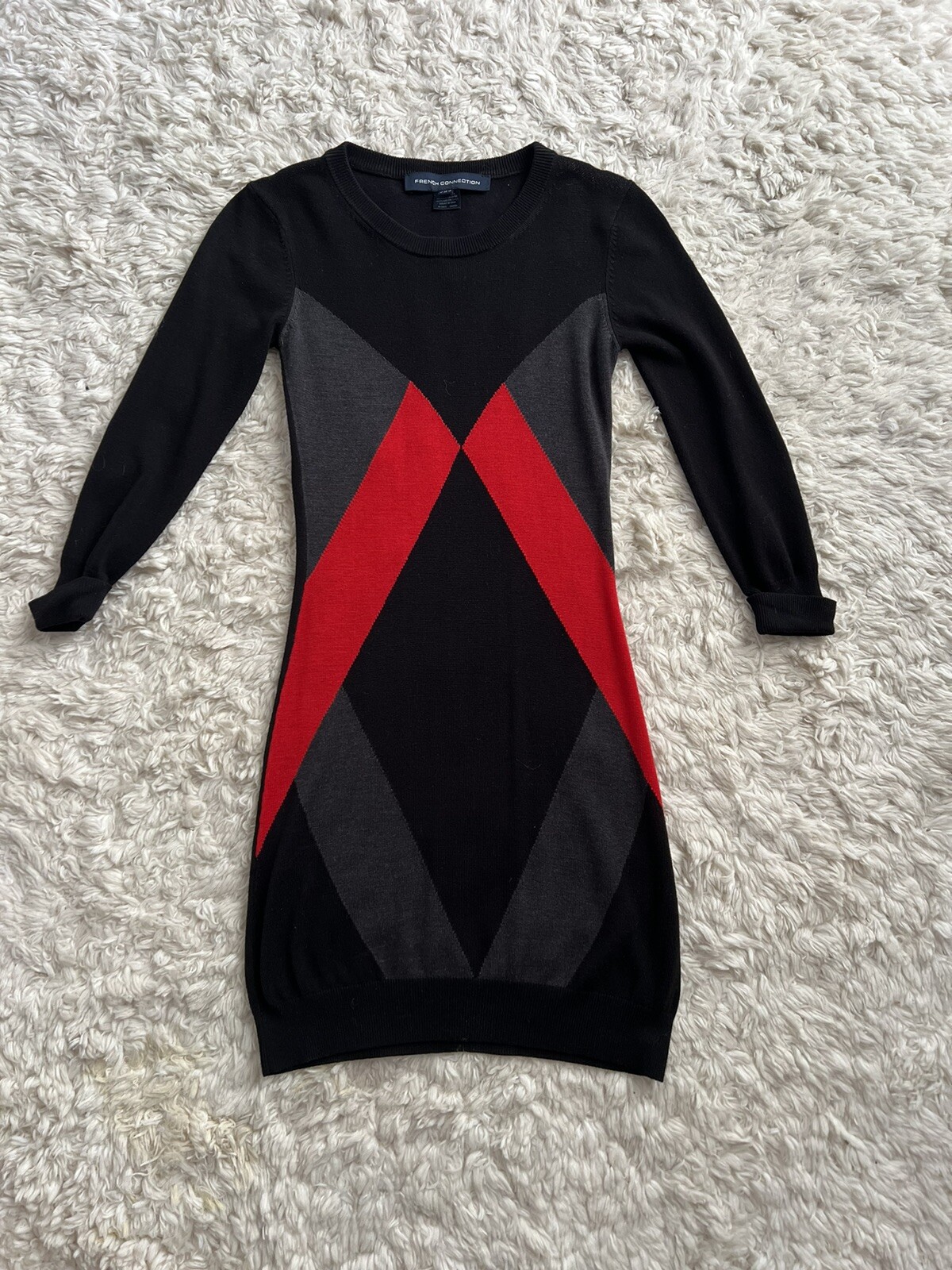 French Connection Sweater Dress Bodycon Black Red Gray Colorblock Size ...