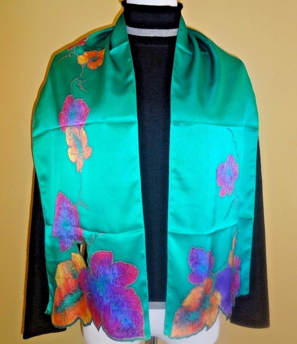 NWOT Kriska Forest Green Multi Colored Silk Hand Painted Oblong Leaf ...