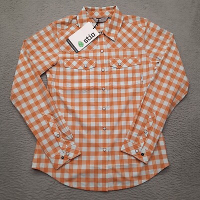 Stio Eddy Guide Shirt Womens Small Orange White Plaid Pearl Snap Long ...