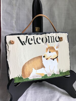 Vintage Slates Ornate Stenciled Corgi Dog Welcome Sign 6” X 8” New With ...