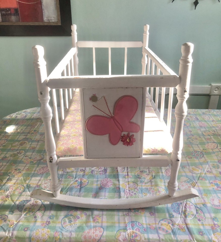 Vintage Baby Doll Rocking Cradle Toy Crib Wooden Painted White 26" X 14 ...