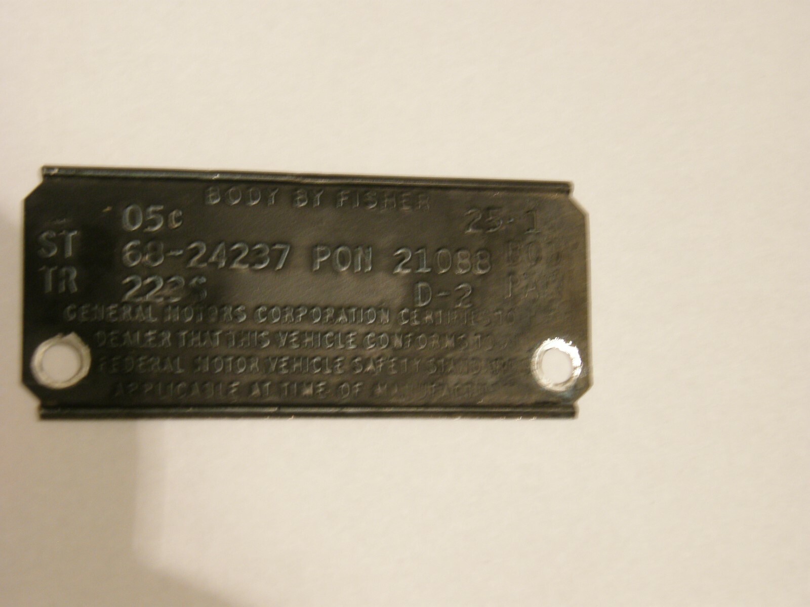 1968 Pontiac GTO Body by Fisher Cowl Tag Plate Original Alpine Blue ...