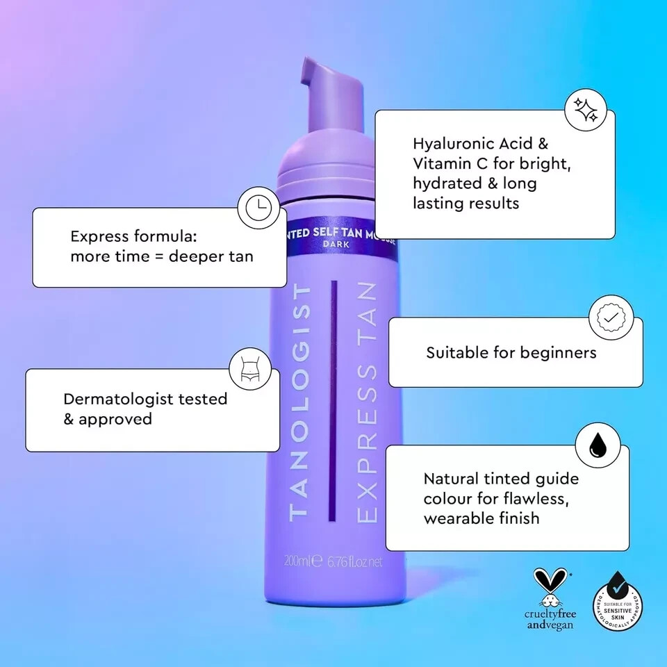 TANOLOGIST EXPRESS TAN TINTED SELF TAN DARK MOUSSE 200ML X 4 BOTTLES ...