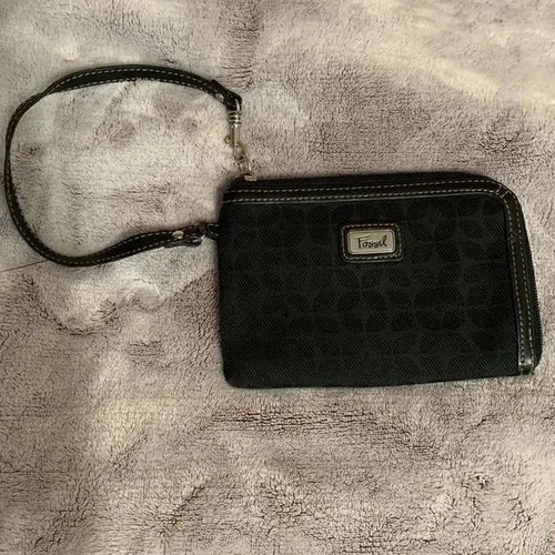 Fossil Wristlet Wallet Black Monogram Zip Around Small Purse Clutch Bag ...
