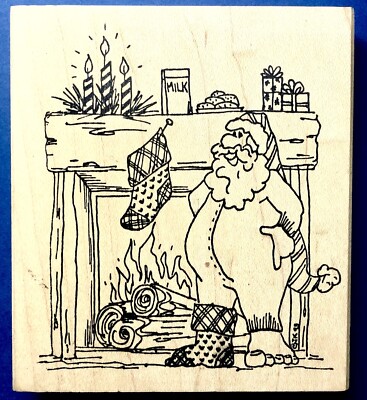 Santa Claus by the Fireplace Stocking Candles Cookies Milk Judith 1993 ...