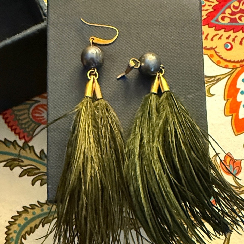 Tory Burch Green Feather Tassel Earrings Needs Repair | eBay UK