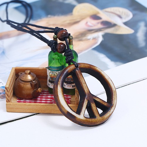 Retro Handmade Peace Symbol Pendant Necklace Long Rope Chain Ethnic ...