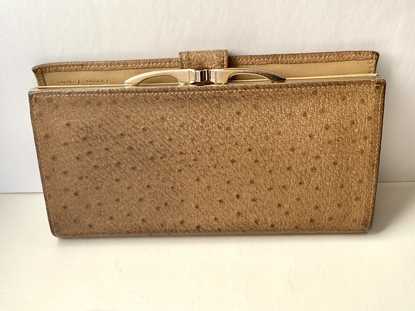 Vintage KORET OSTRICH LEATHER WALLET Taupe Brown Coin Pocket Made in ...