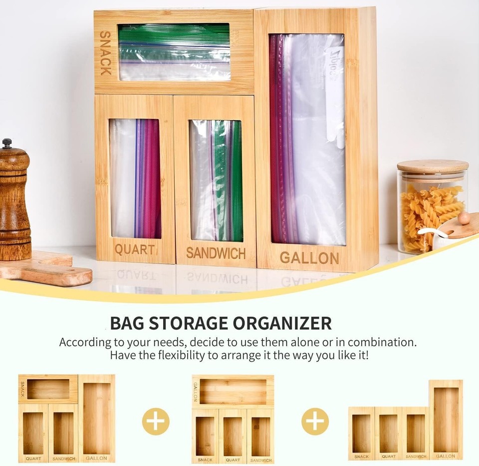 Bamboo Zip Bag Organizer f/Drawer 4 Separate Holder Gallon Quart ...