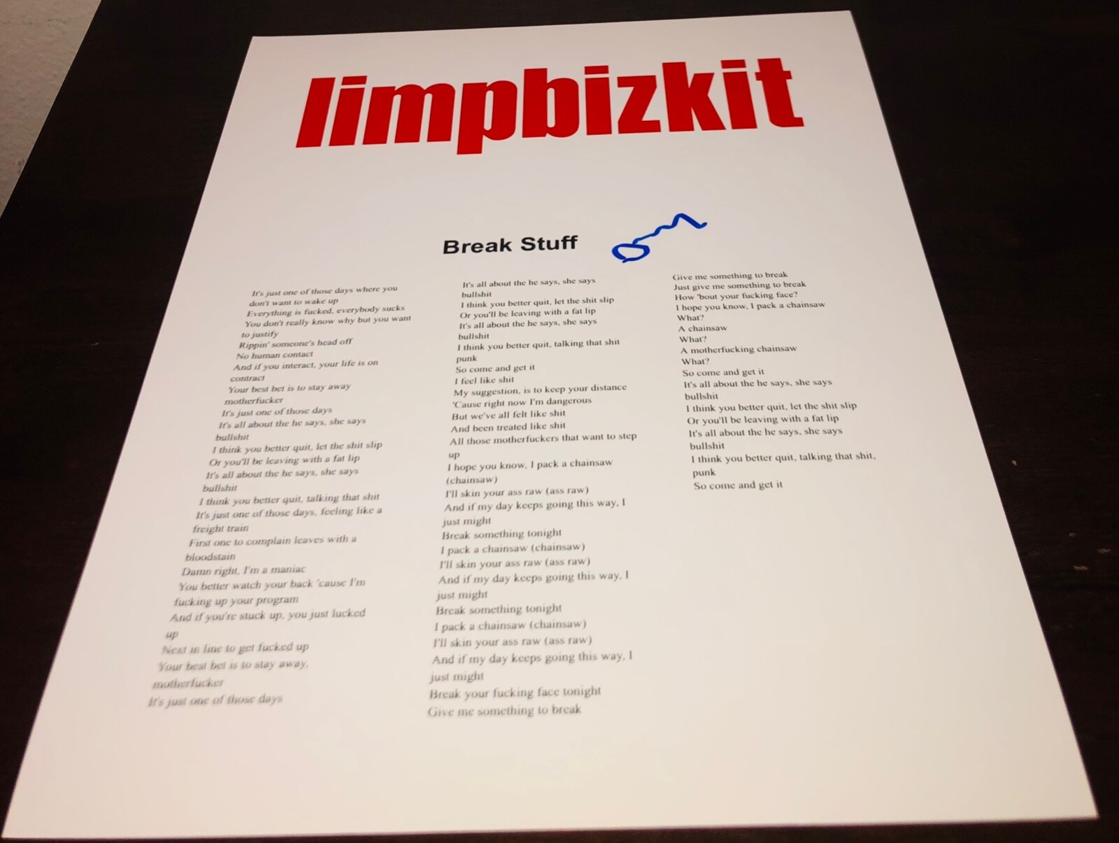 Fred Durst Limp Bizkit Break Stuff Signed Lyric Sheet COA 2023 ...