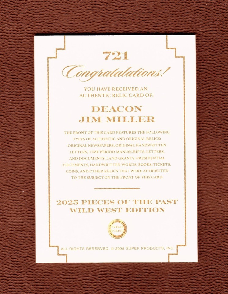 2025 Pieces of the Past Wyatt Earp not Deacon Jim Miller Fabric Relic ...