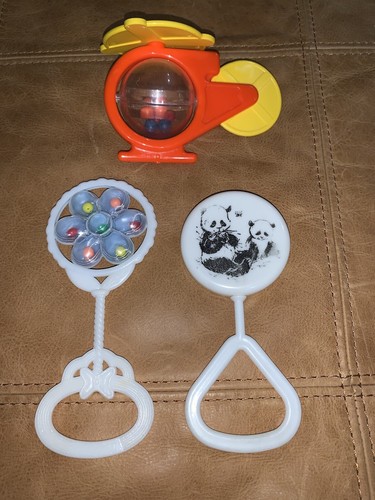 Vintage Plastic Celluloid Baby Rattle flower white handle First Years ...