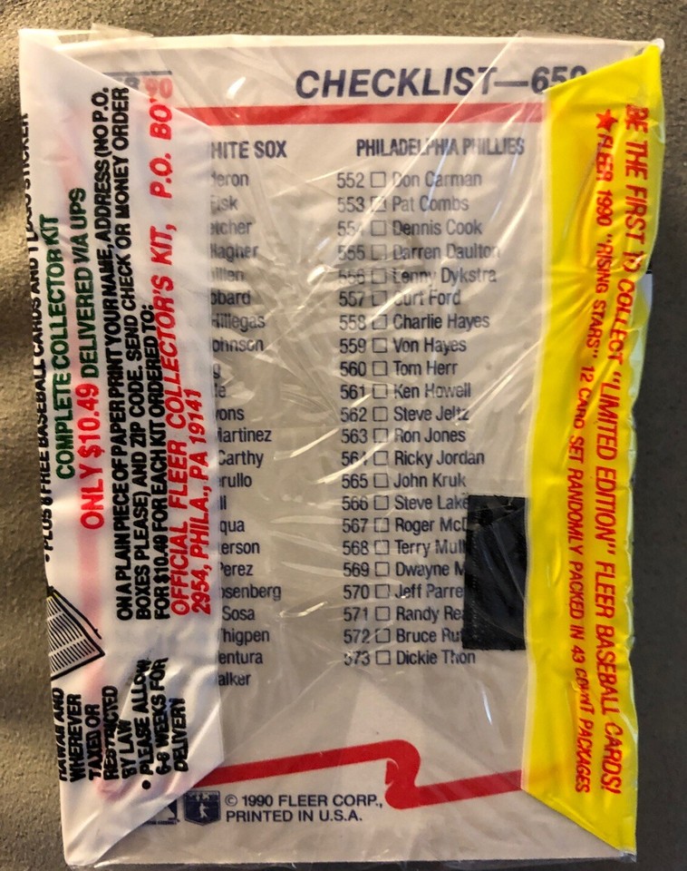 1990 Fleer Cello Pack Gary Sheffield Brewers (Top) Checklist Facing Up ...