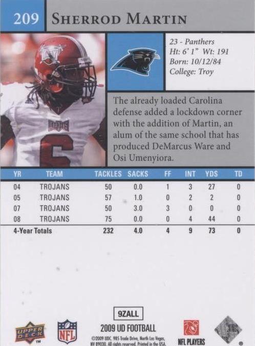 2009 Upper Deck Sherrod Martin #209 for sale | eBay