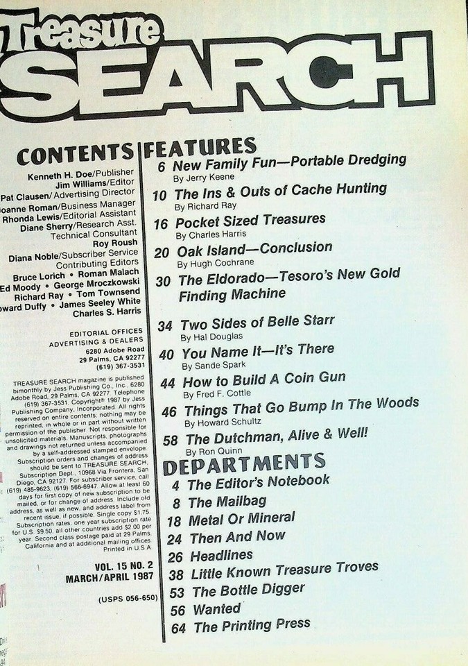 Treasure Search Magazine March 1987 Oak Island Belle Star The Dutchman ...