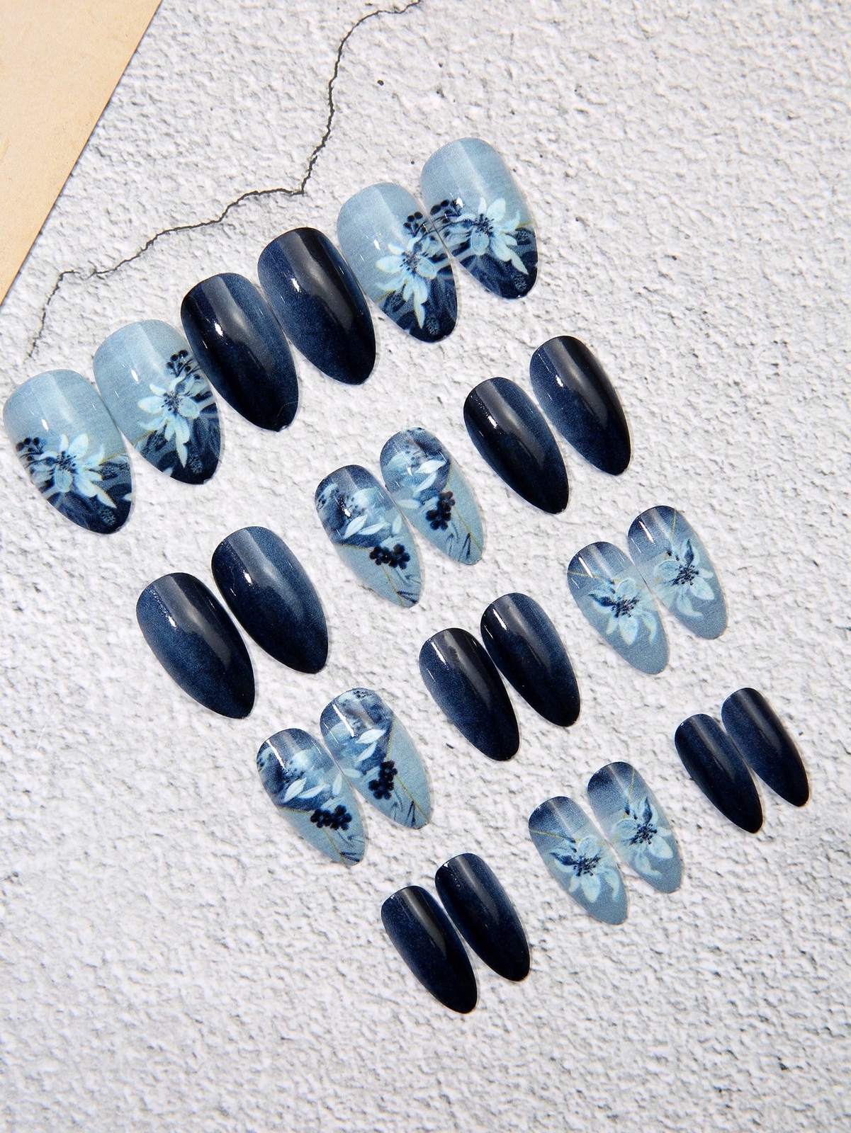 24pcs Almond Blue Navy Blue Fake Nail False Nails Press On Nails Glue ...