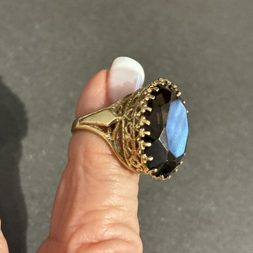 VTG MID CENTURY 14K YELLOW GOLD SMOKY QUARTZ CROWN PRONG SET COCKTAIL ...