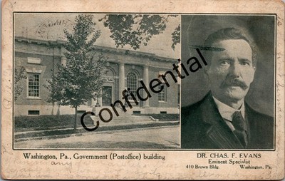 1907 Washington PA Post Office View w/ Dr. Chas Evans Pennsylvania W472 ...