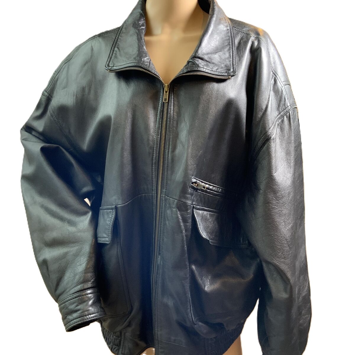 Falls Creek Black Leather Zip Front Bomber Jacket Size Extra Falls Creek Black Leather Zip Front Bomber Jacket Size Extra
